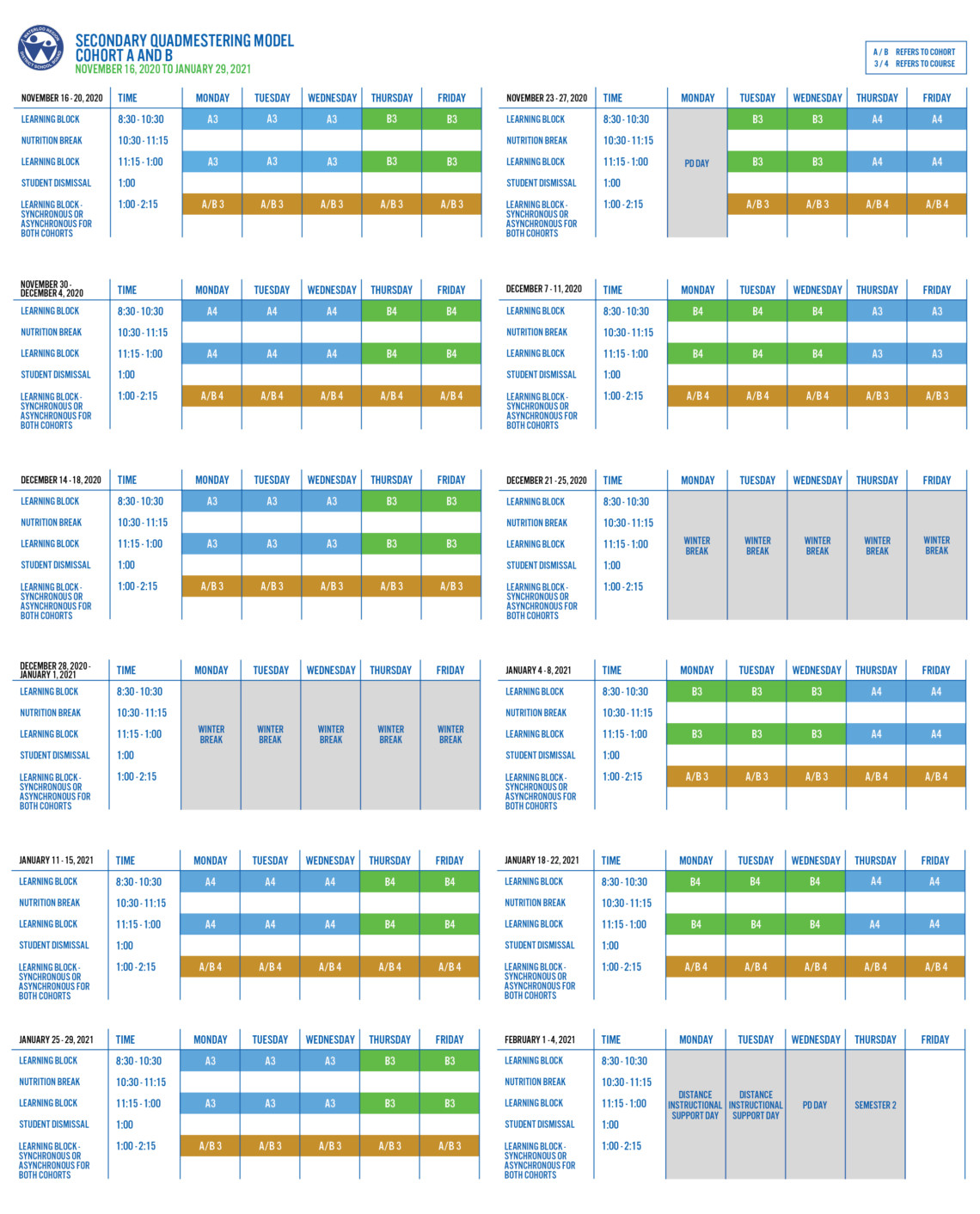 Secondary School Quadmester 2 Calendar and Daily Schedule - Waterloo ...