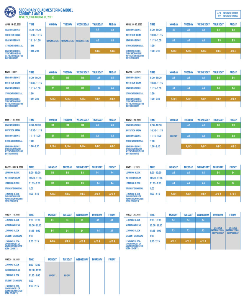 Secondary School Quadmesters 3 and 4 Calendar and Daily Schedule ...